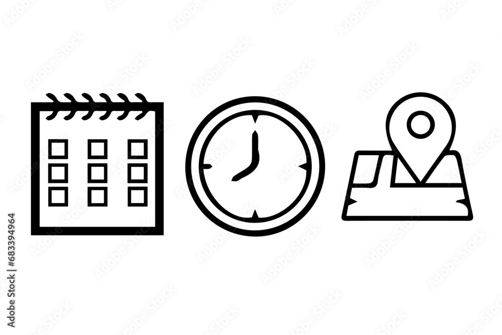 Date, time and address icon set. Event elements isolated on transparent background. Calendar ...