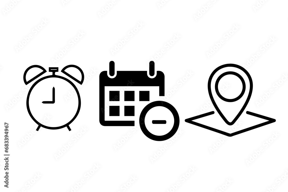 Date, time and address icon set. Event elements isolated on transparent background. Calendar ...