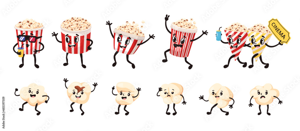 Cartoon popcorn mascot. Funny popping corn and popcorn bucket ...