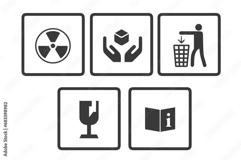 A set of packaging symbols. Common packaging & warning symbol set. Black & white flat style ...