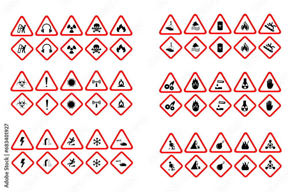 Isolated hazardous material signs. Hazard danger red vector signs ...
