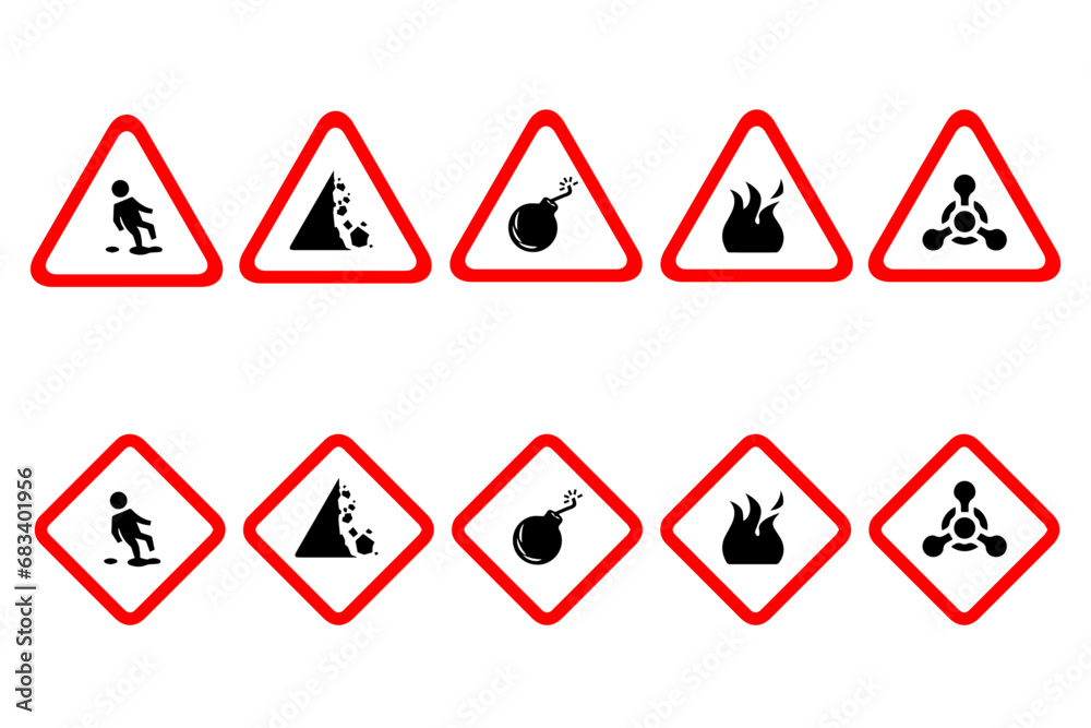 Isolated hazardous material signs. Hazard danger red vector signs ...