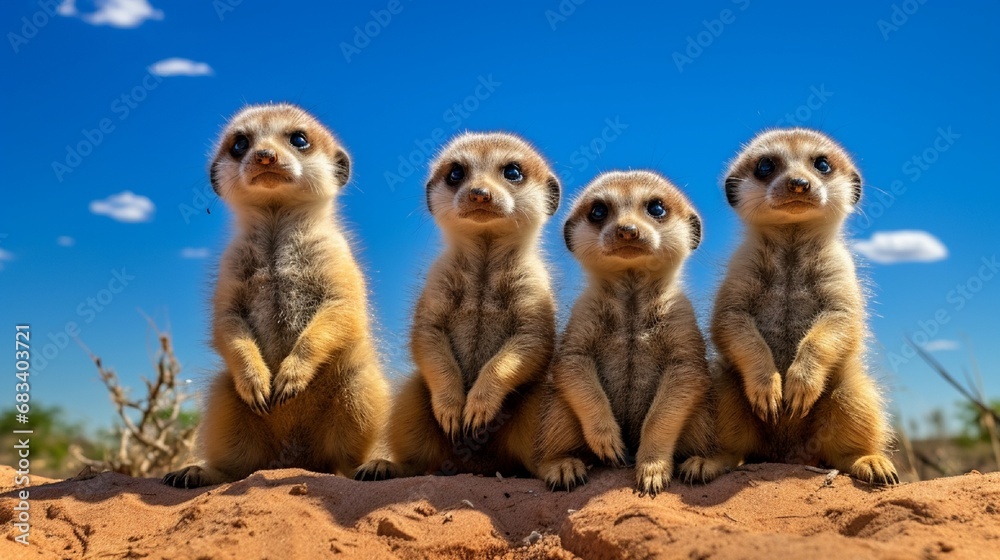 Baby meerkats standing upright, their tiny paws on their bellies ...
