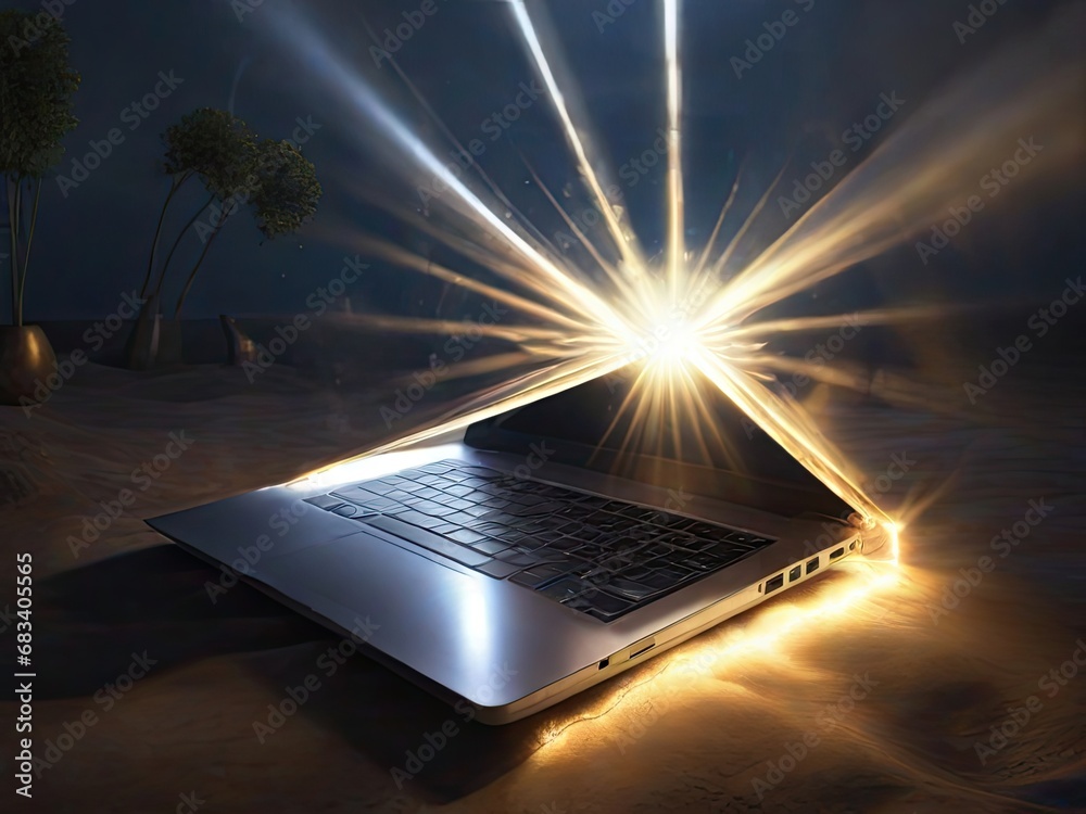 Laptop in the desert with a beam of light coming out of the screen ...