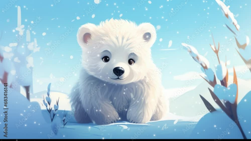 Winter snow Cute baby polar bear in snow winter, Illustration - Still ...