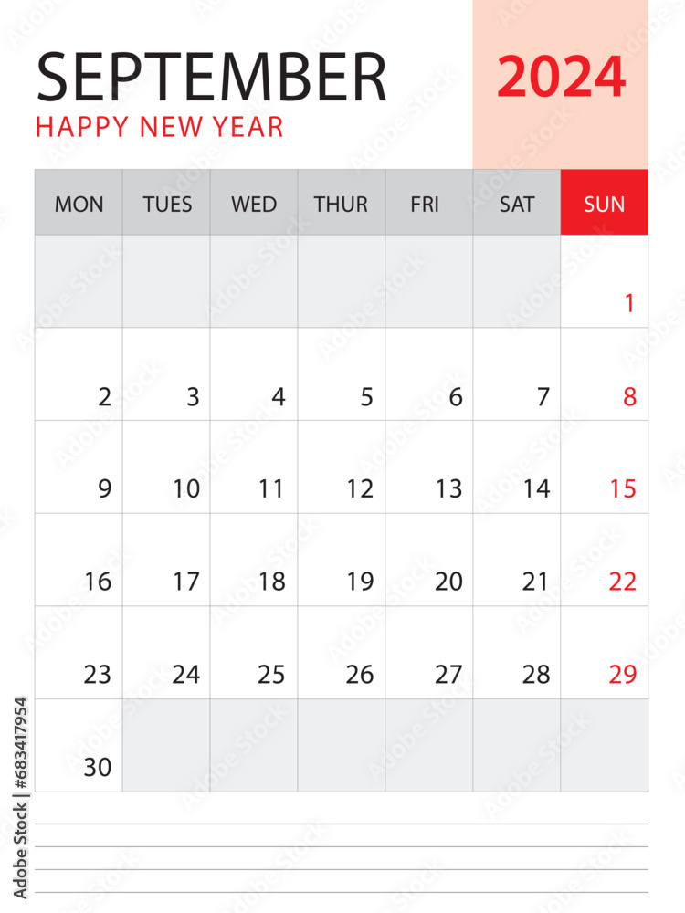 September 2024-Calendar 2024 template vector on red background, week ...