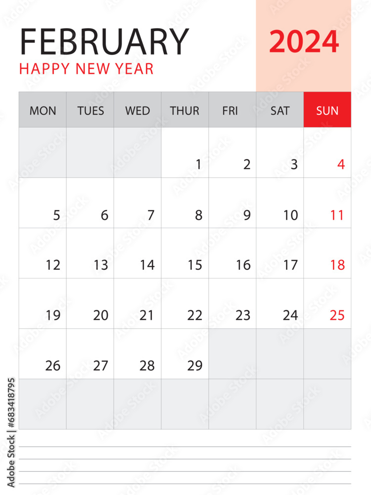 February 2024-Calendar 2024 template vector on red background, week ...