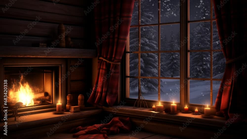 Cozy living room of winter cabin with lit fireplace and snowfall ...