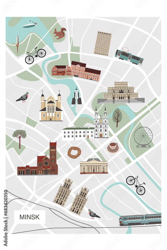 Color hand drawn illustrated map of Minsk city center, Belarus ...