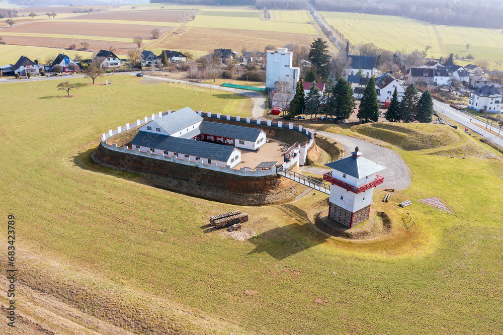 Bird's eye view of the replica of the Limes fort in Pohl/Germany in the ...