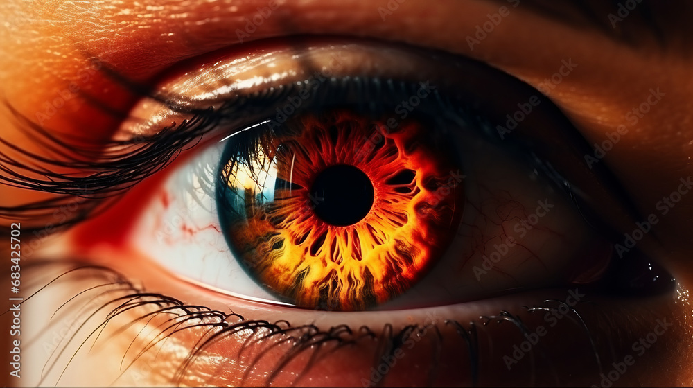 Extreme close-up of a beautiful person eye in flames , burning glowing ...