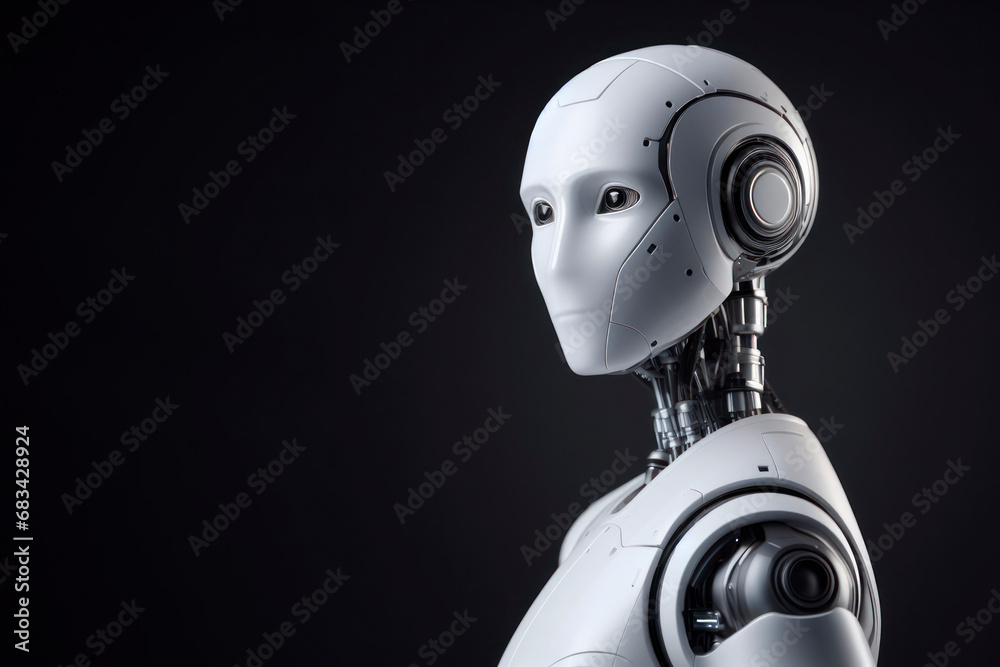 photorealistic studio full body portrait of a white ai robot on black ...