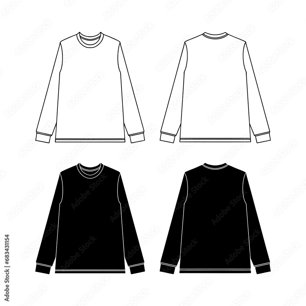 Long Sleeve Shirt fashion flat tehnical drawing template. Unisex T ...