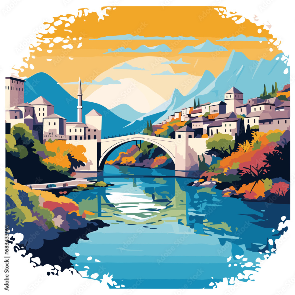 copy space, simple vector illustration, famous bridge in Mostar in the ...