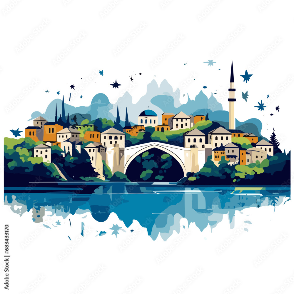 copy space, simple vector illustration, famous bridge in Mostar in the ...