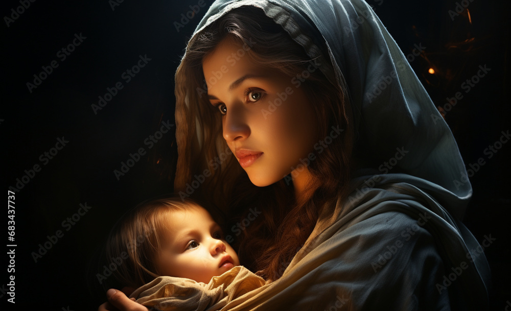 Artistic depiction of the birth of Jesus Christ, with Mary holding the ...