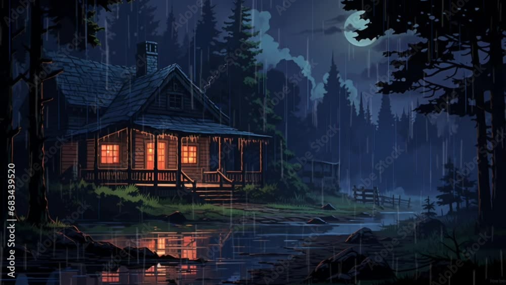 Animation of cabin in the woods at nightfall during rainfall. seamless ...