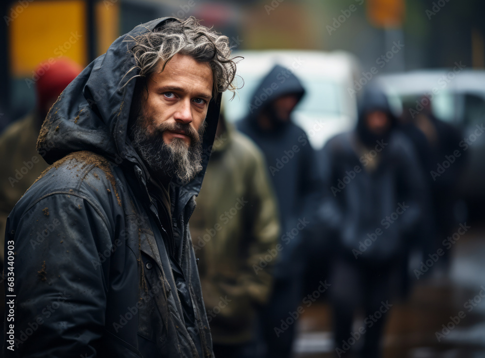 Portrait of a homeless man with a dirty hooded jacket and curly hair ...