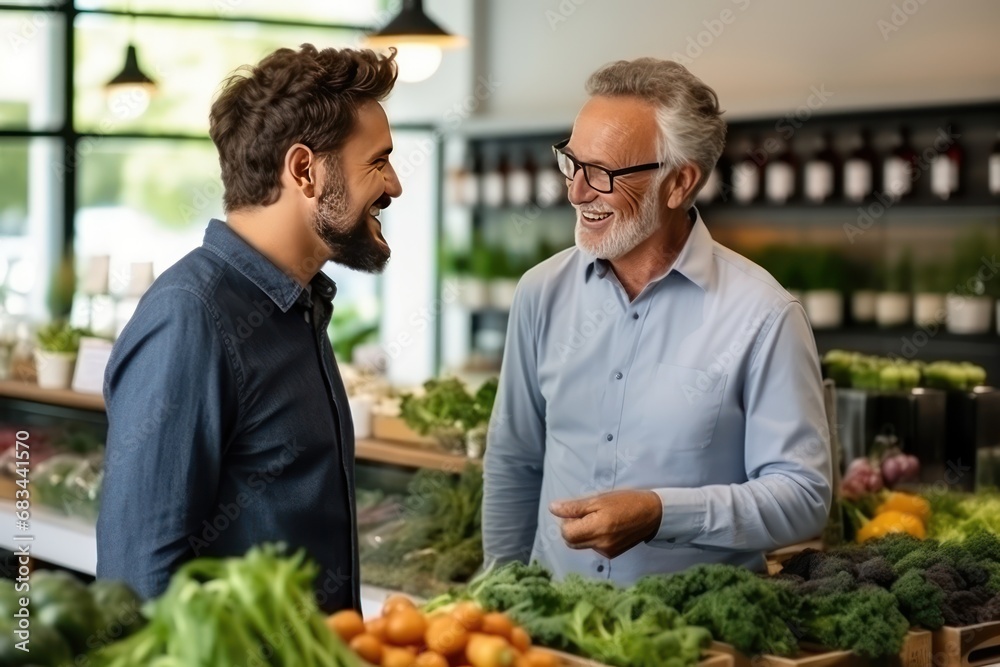 Father and son standing in their grocery shop. Father explains to his ...