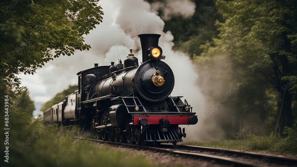 steam train in the forest An old magic enchanted steam locomotive train ...