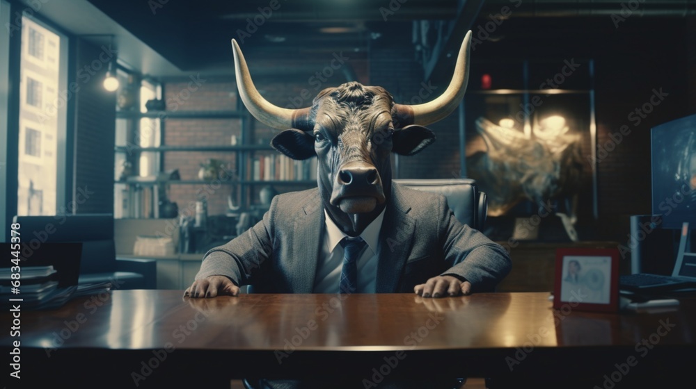 bull in suit realistic office on background trader.Generative AI Stock ...