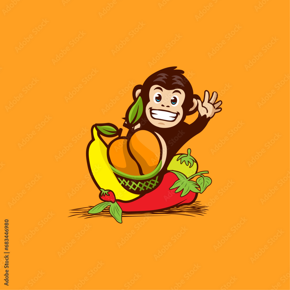 Monkey grabbing fruits, can be used for healthy food logo or food brand ...