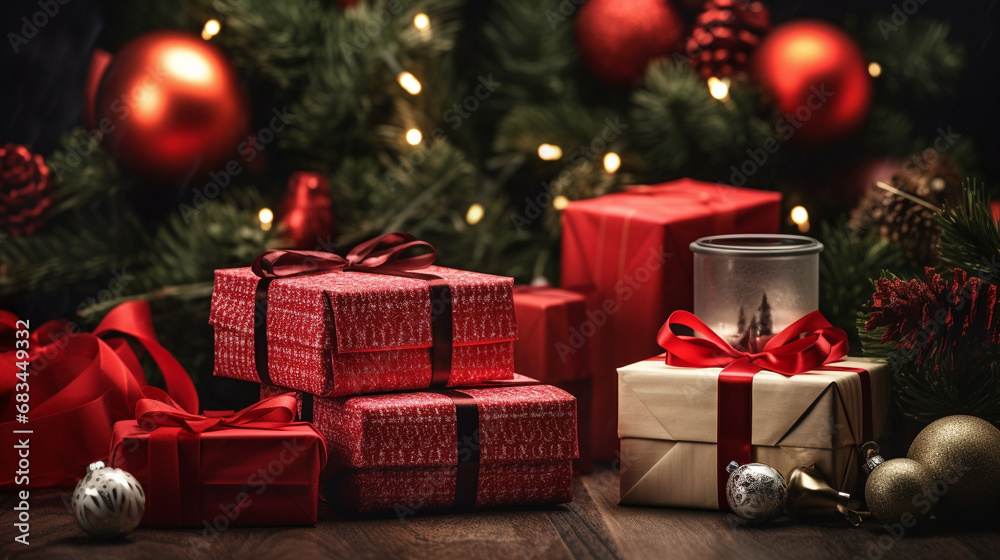 Flat lay, top view of a Christmas composition with gifts, fir tree ...