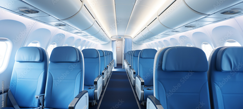 Front view row of modern airplane cabin interior with glow normal light ...