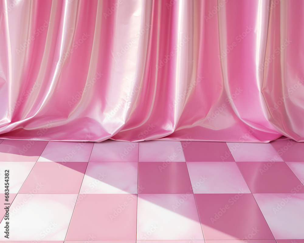 Pink silk curtain over a checkered tiles floor, top view, in the style ...