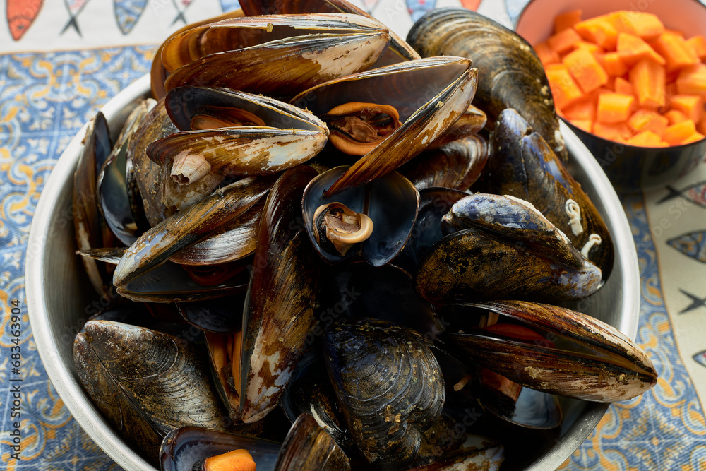Mussels. Fountain with mussels is from the estuaries of Galicia, this ...