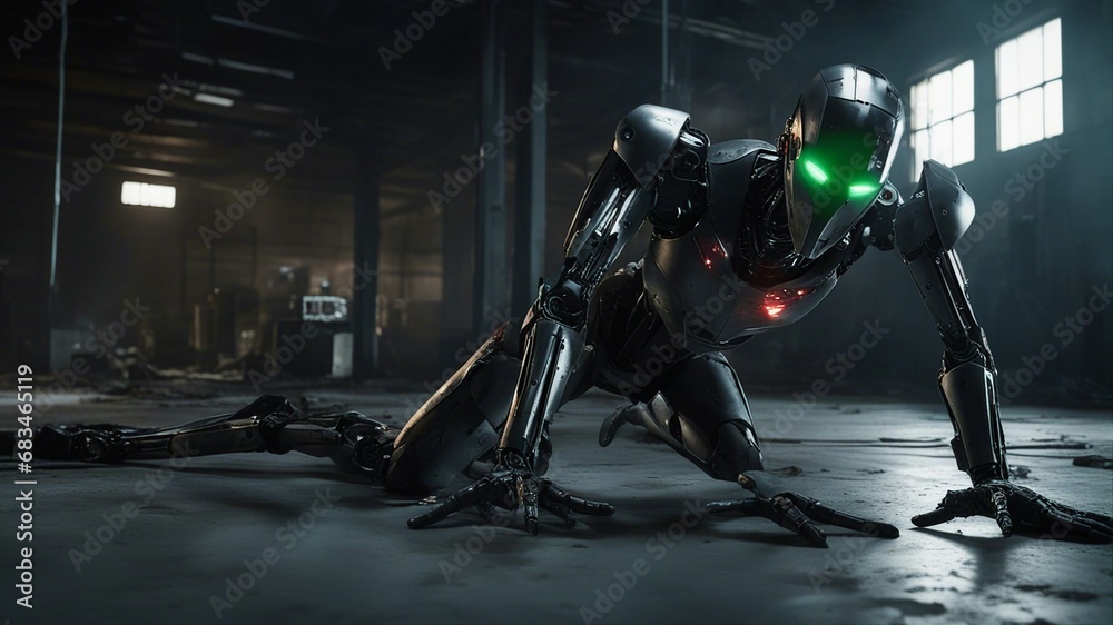 robot in the night cyborg with human flesh fallen off revealing the ...