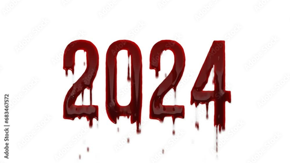 Bad unhappy 2024 year come. Digits covered by dripping blood, isolated ...