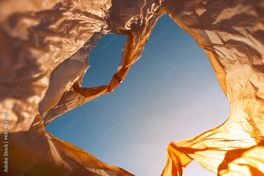 Inside of used plastic bags floating in the air and sky, garbage and ...