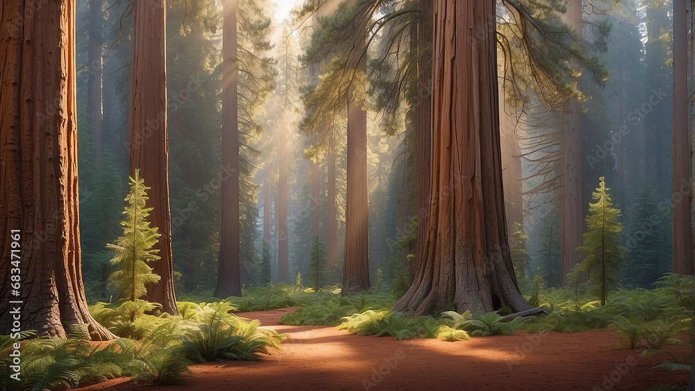 Forest backgrounds, Towering sequoias creating a majestic redwood ...