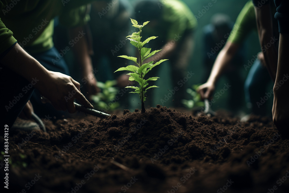 People planting forest. Volunteers hands with gloves planting saplings ...