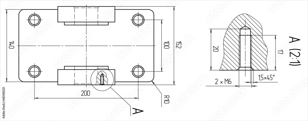Vector engineering drawing of a steel mechanical parts with through ...