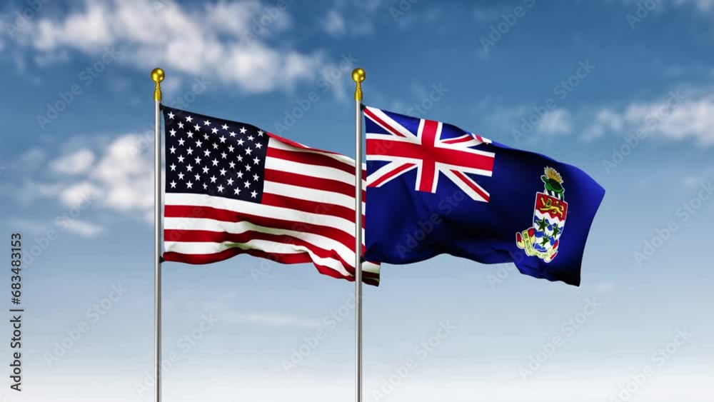 USA and cayman islands flag waving on sky background. Highly Detailed ...