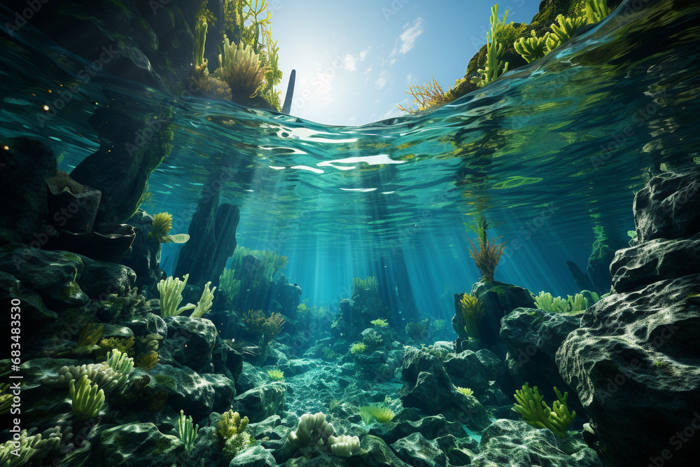 vibrant undersea world, with seaweed gently swaying in clear ocean ...