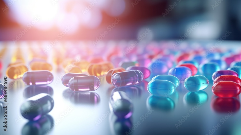 a group of pills sitting next to each other on top of a white table in ...