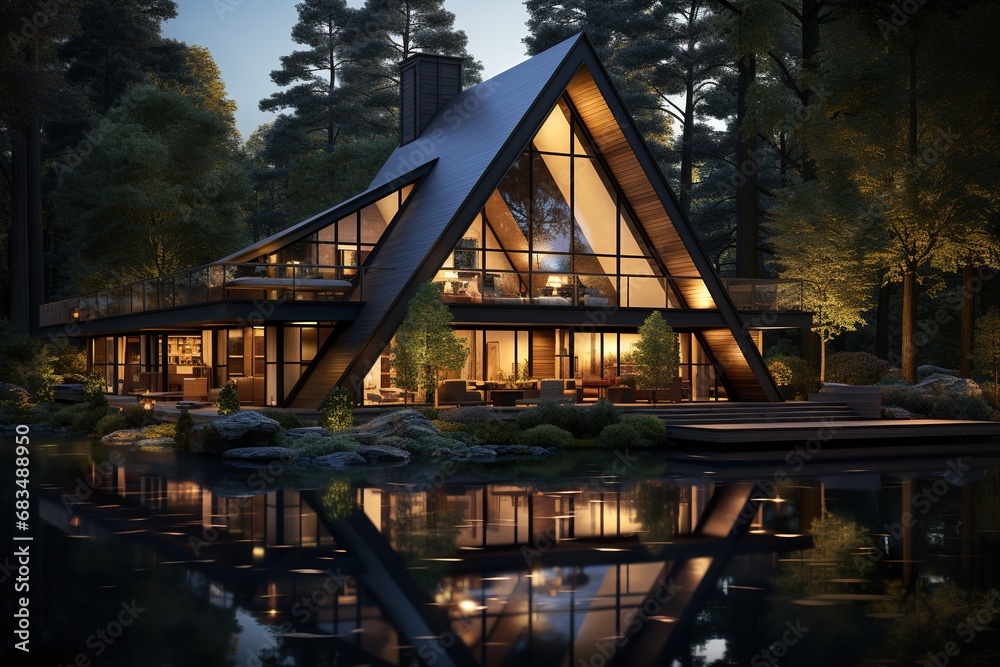Maison moderne avec une architecture en triangle au milieu de la nature ...