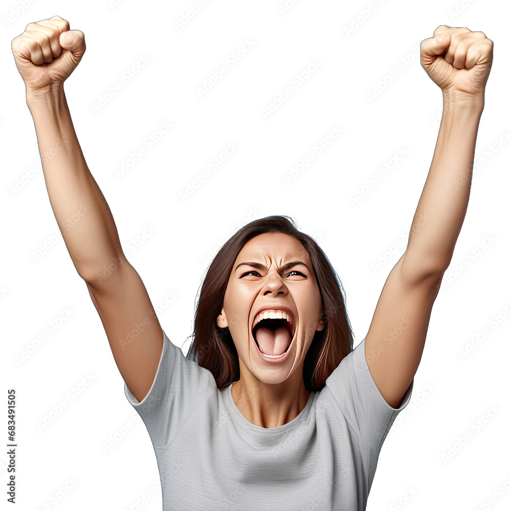 Happy and excited woman screams with happiness celebrates the great ...