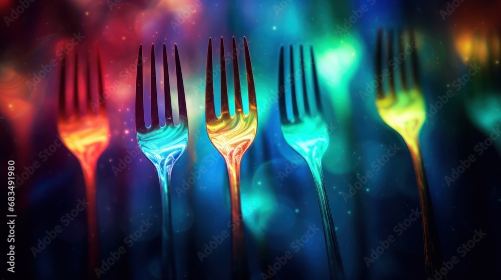 a close up of a group of forks with different colors of light shining ...