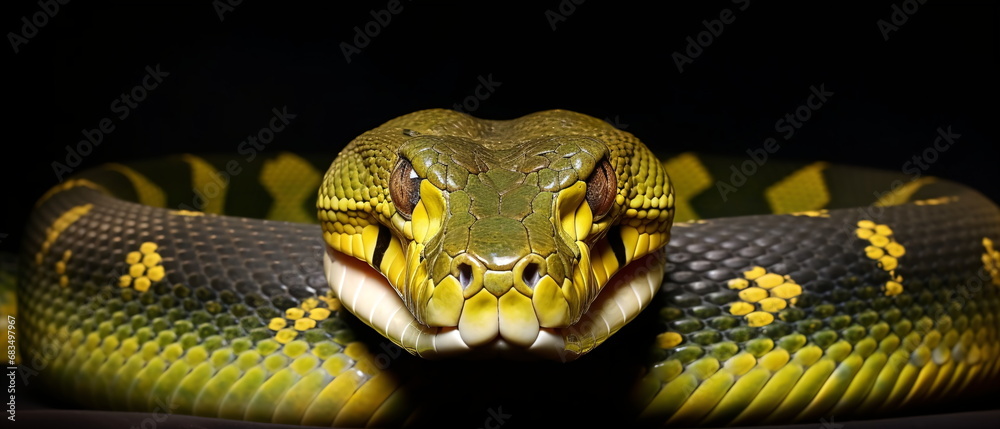 Front view Attacking viper Morelia viridis on black background, close ...