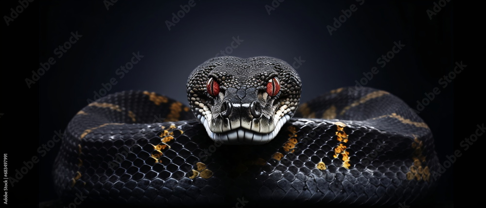 Front view Attacking viper snake on black background, close up reptile ...