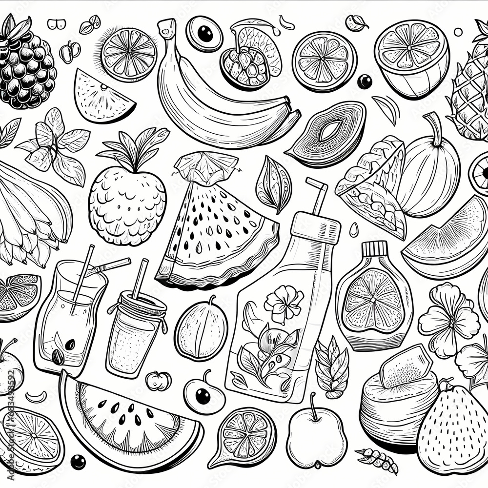 Hand drawn coloring pages illustration with Fruits and vegetables ...