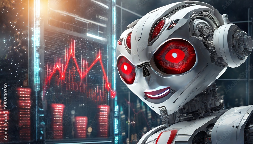 Futuristic bad robot looking badly with red eyes at bitcoin charts and ...