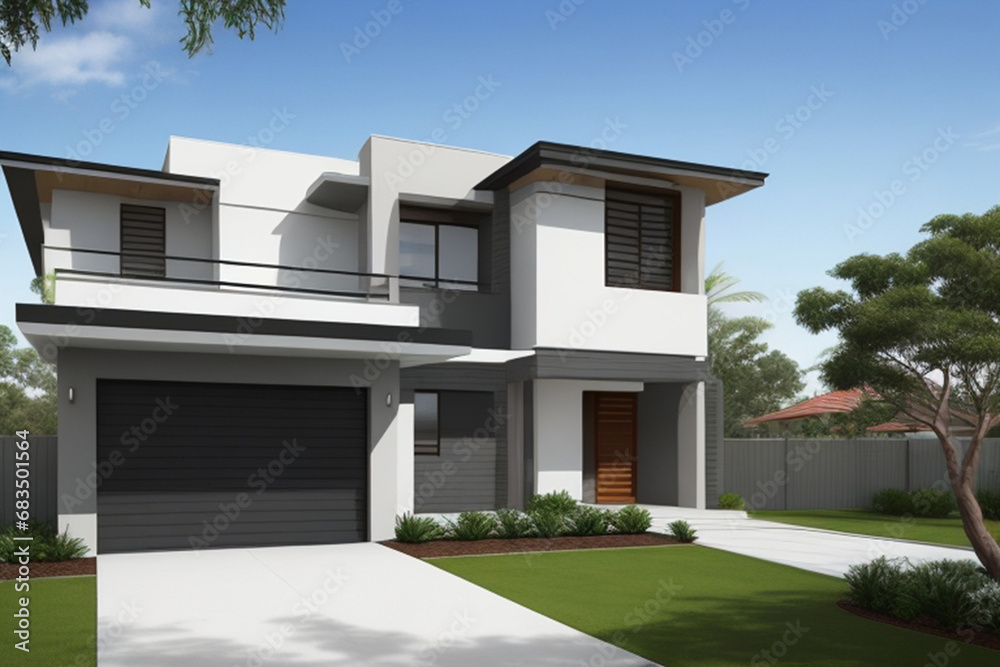 The front view or outer appearance of a newly constructed two story ...