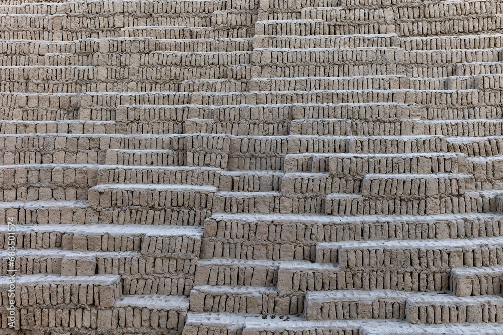 Masonry wall of the pyramid of Huaca Puquiana, Lima. Peru Stock Photo ...