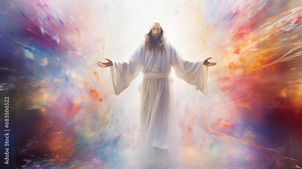 Jesus stands with open arms in a beautiful place bathed in colors Stock ...