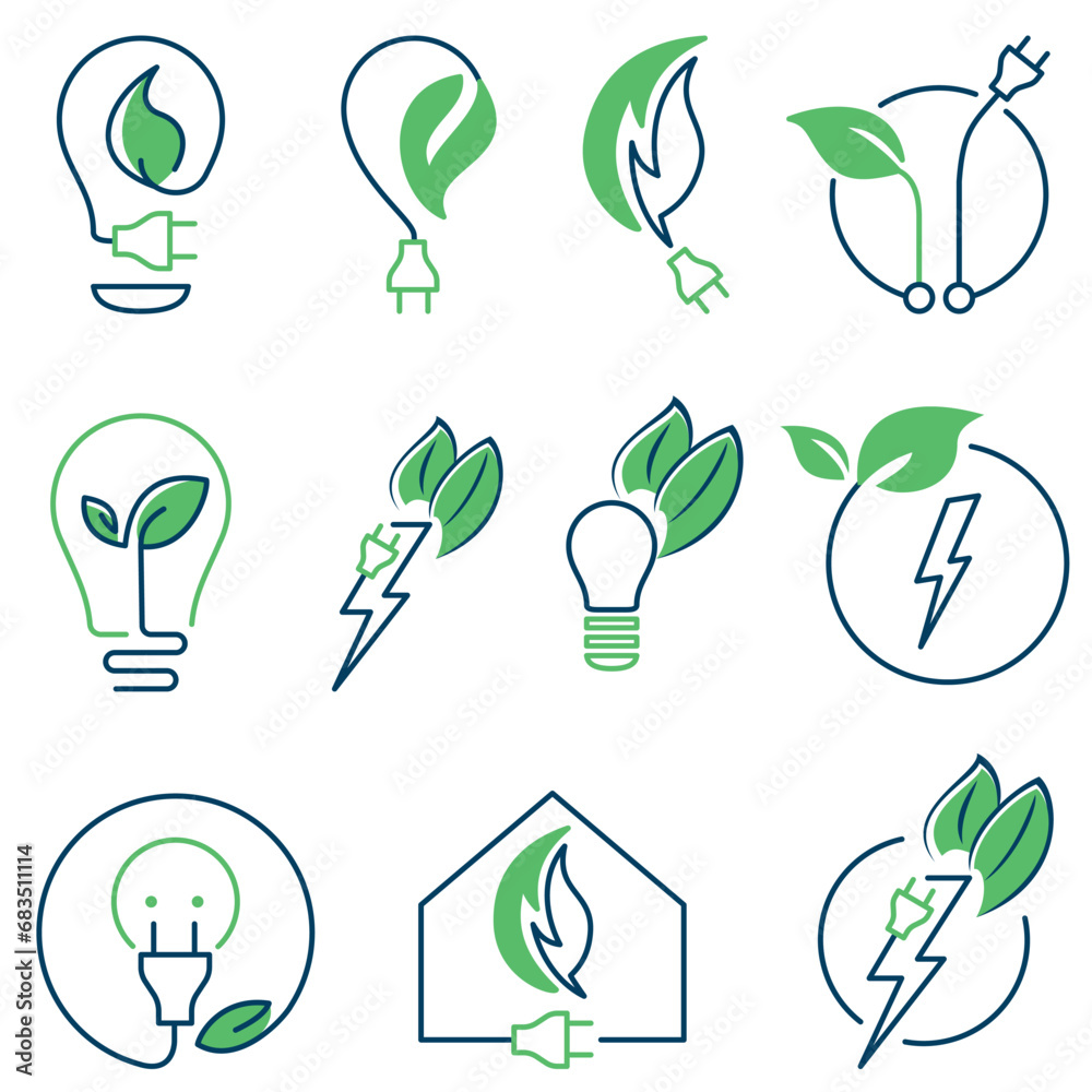 Erneuerbare Energie, grüner Strom, nachhaltige Energie - Icons, Logo ...